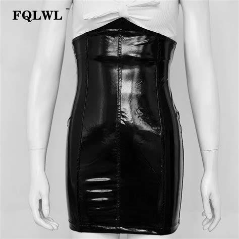 Fqlwl Faxu Latex Pu Leather Skirt For Woman Zipper Black High Waisted