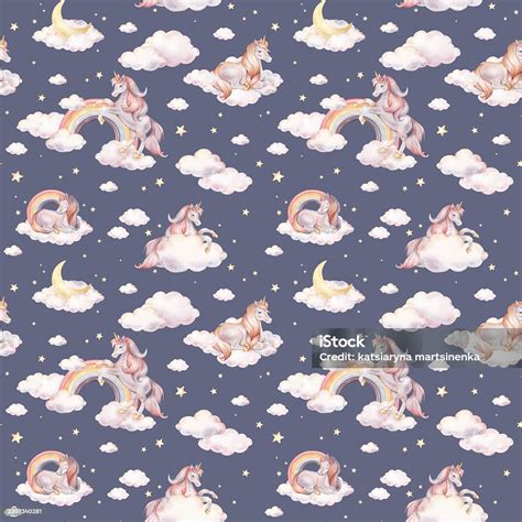 완벽 한 수채화 패턴 유니콘과 노란색 별 그리고 구름 무지개 손으로 그린 보육원 벽지 아기 직물 또는 어린이 종이의 배경 그림 파스텔 색상 조랑말 0명에 대한 스톡 벡터