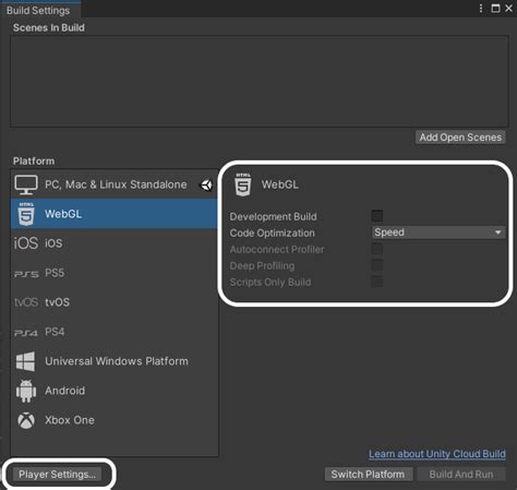 Build Settings Window Shown With The Webgl Options Highlighted And The