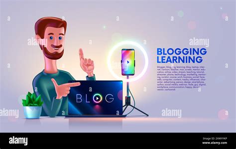 Cartoon Teacher Man Show Screen Laptop Blogger Mentor Education