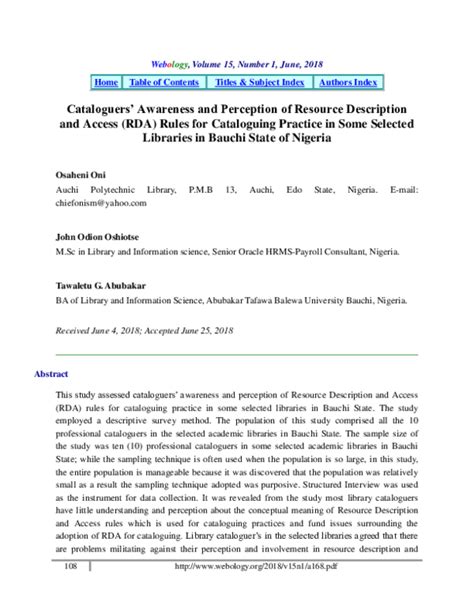 Pdf Cataloguers Awareness And Perception Of Resource Description And Access Rda Rules For