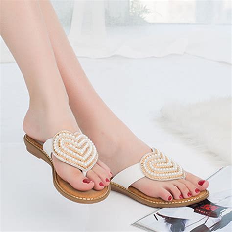 Women Rhinestone Heart Shape Decor Clip Toe Flats Sandals