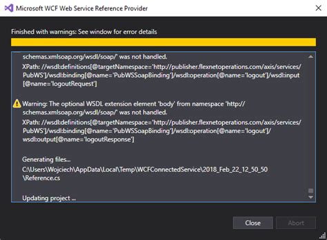 Empty Client Generated Unable To Add Service Reference Warning The Optional Wsdl Extension