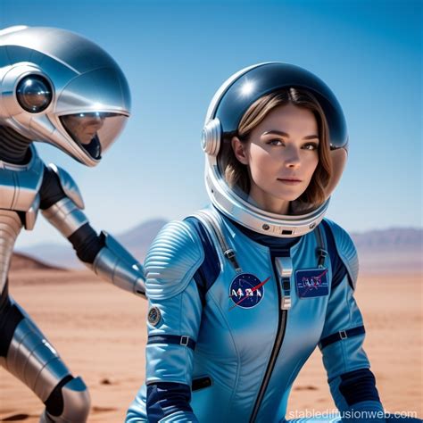 Woman In Spacesuit Examining Alien By Blue Spaceship Stable Diffusion