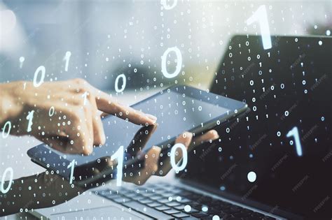 Premium Photo Creative Abstract Binary Code Sketch And Hand Working With A Digital Tablet On