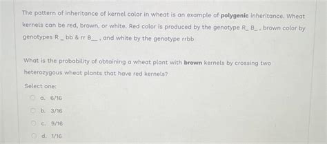 Solved The Pattern Of Inheritance Of Kernel Color In Wheat