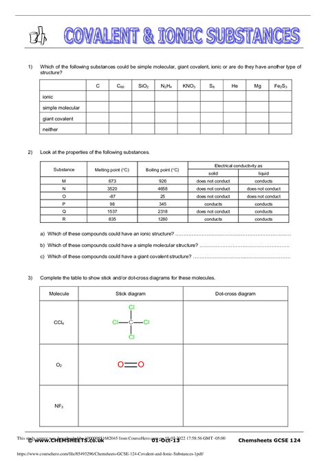 Chemsheets Gcse 124 Covalent And Ionic Substances 1 Korea University Chem 101