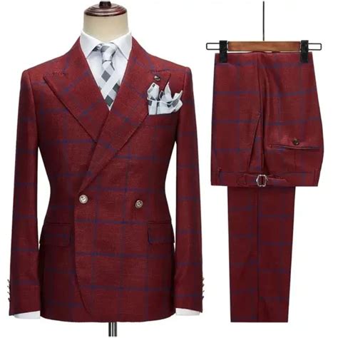 Burgundy Plaid Peak Lapel Double Breasted Men Suits Suitfan