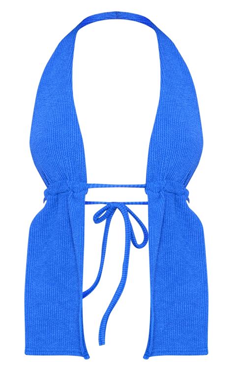 Bright Blue Crinkle Rib Halterneck Bralet Co Ords Prettylittlething