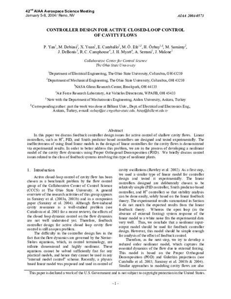 pdf controller design for active closed loop control of cavity flows