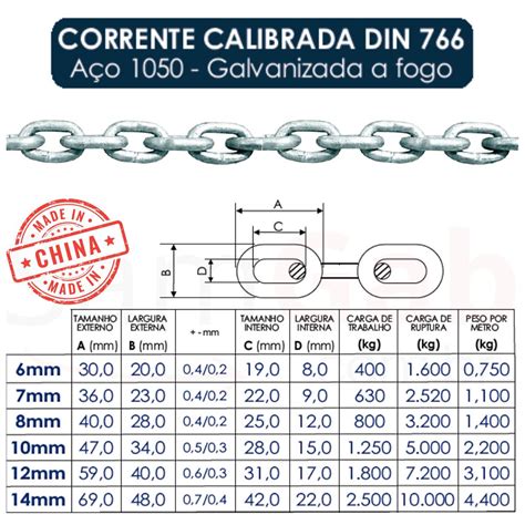 Corrente 10mm Calibrada Galvanizada A Fogo Aço 1050