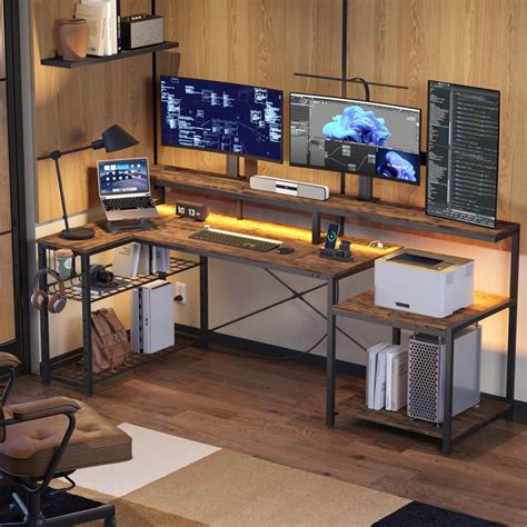 Bestier 71 5 Inch Computer Desk With Power Outlets L Shaped Led Home