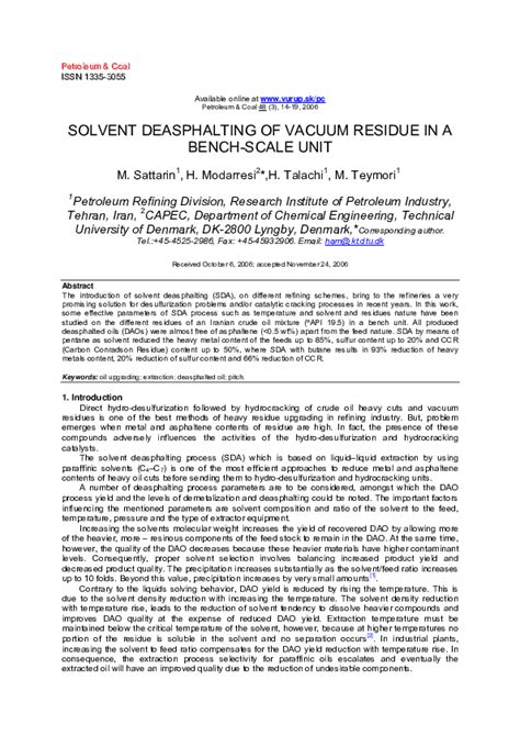 Pdf Solvent Deasphalting Of Vacuum Residue In A Bench Scale Unit