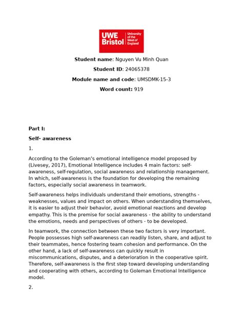 Nguyen Vu Minh Quan Ibms Portfolio 1 Pdf Psychological Resilience Self Awareness