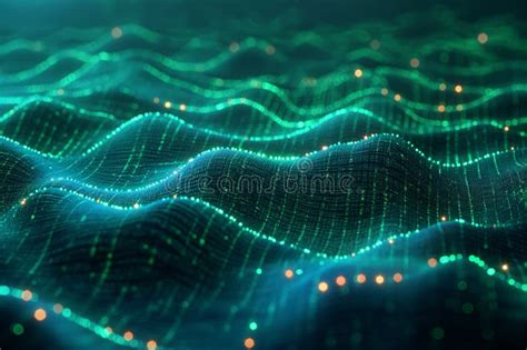 Abstract Digital Landscape Depicting Glowing Blue Data Waves In Cyberspace Stock Illustration