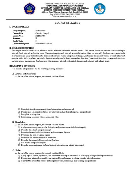 Course Syllabus Calculus Integral Pdf Integral Calculus