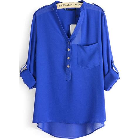 SheIn Sheinside Blue V Neck Epaulet Dip Hem Chiffon Blouse Long