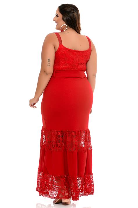 Vestido Plus Size Longo Vermelho Elegante Vk Moda Plus Size