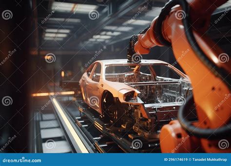 Automated Robotic Arms Line Welding Assembly Car Working At Futuristic