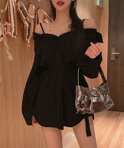 [연말파티룩] 프리스틴 오프숄더 미니 원피스 셔츠 단추 허리끈 긴팔 키작녀 통통 미니드레스 체형커버 청순섹시 베이지 블랙