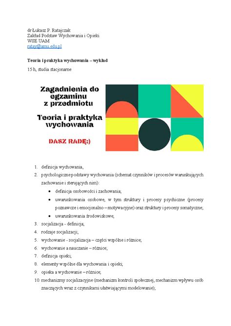 Zagadnienia do egzaminu Teoria i praktyka wychowania 2024 dr Łukasz P