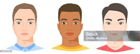 다른 인종 인종과 외모를 가진 남자 흰색 흑인과 아시아 남성 얼굴 플랫 스타일 벡터 눈썹에 대한 스톡 벡터 아트 및 기타 이미지