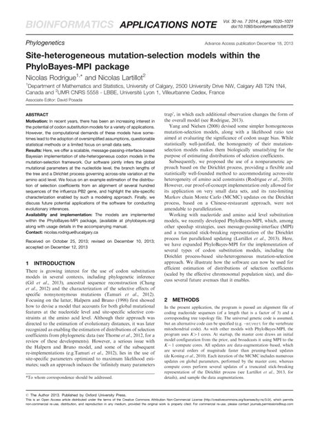Pdf Site Heterogeneous Mutation Selection Models Within The Phylobayes Mpi Package