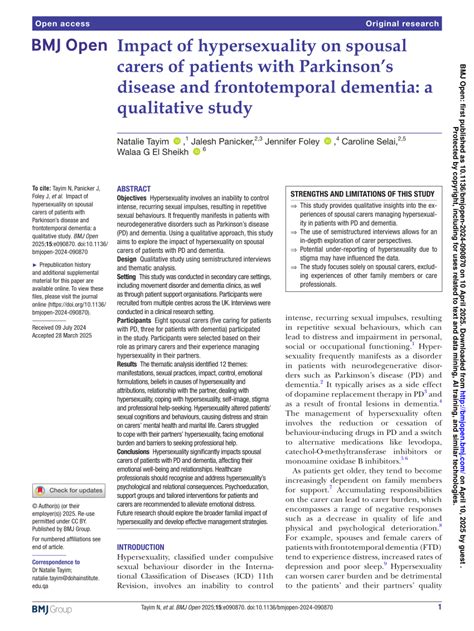 Pdf Impact Of Hypersexuality On Spousal Carers Of Patients With Parkinsons Disease And