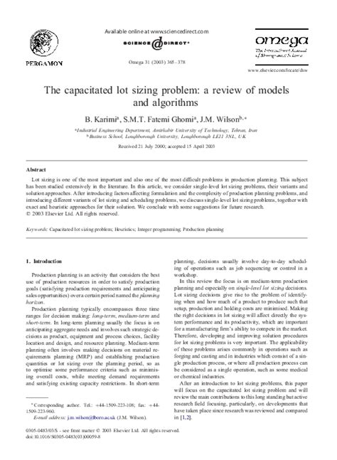 Pdf The Capacitated Lot Sizing Problem A Review Of Models And Algorithms