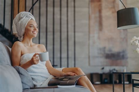 Premium Photo Beautiful Relaxed Woman Wrapped In Towel Drinking Tea