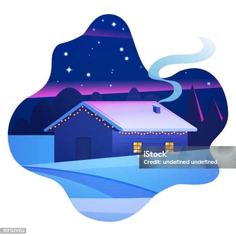 산와 외로운 헛 밤 풍경입니다 크리스마스 이브의 풍경입니다 겨울 숲에 집입니다 벡터의 겨울 풍경입니다 겨울에 대한 스톡 벡터