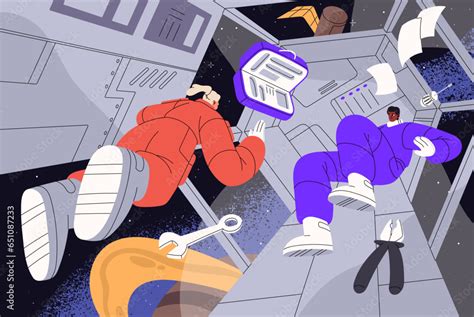 Zero Gravity Inside Spaceship Shuttle Crew Flying In Weightlessness On International Space