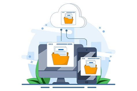 컴퓨터 모니터 랩톱 및 스마트 폰 장치를 사용한 클라우드 컴퓨팅 개념은 정보를 처리하고 데이터를 업로드 및 다운로드 클라우드 서비스 데이터 저장 또는 전송합니다 평면 그림