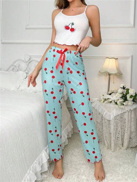 Cherry Print Cami White Top And Bow Front Pants Pj Set Pajama Set