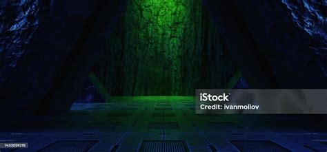 지하 대피소 핵 벙커 격납고 차고 금속 패널 산 바위 거친 벽 어두운 터널 복도 Sci Fi 미래 우주선 3d 렌더링 0명에