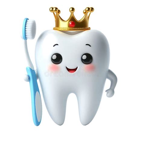 Smiling Cartoon Tooth Character Wearing A Golden Crown And Holding A