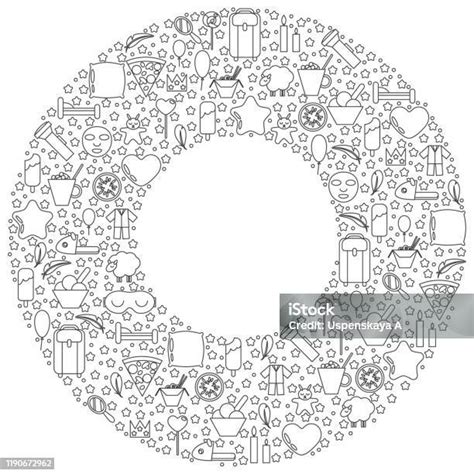 텍스트 공간이 있는 원형 프레임의 파자마 파티 선형 컨셉 흰색 배경에 격리 된 잠자는 또는 파자마 파티 개체입니다 배너 포스터 카드 스티커 디자인 귀여운 벡터 일러스트 0