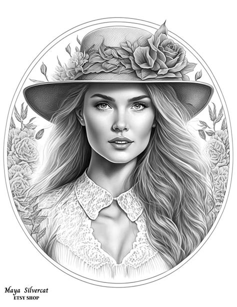 Beautiful Lady With Hat Free Grayscale Coloring Page For Adults Vintage Coloring Books