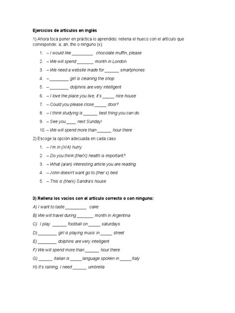 Ejercicios De Artículos En Inglés Imprimir Pdf