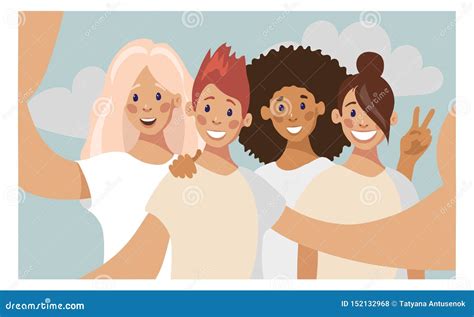 Un Grupo De Cuatro Chicas Jóvenes Que Toman Una Foto Con Un Smartphone Ilustración del Vector