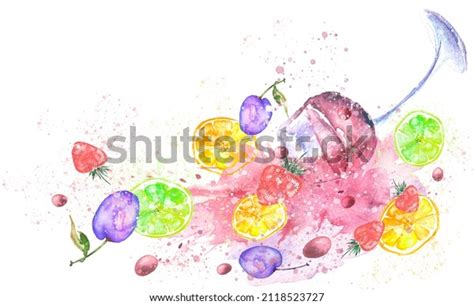 Watercolor Drawing Spilled Wine Fallen Glass Stock Illustration
