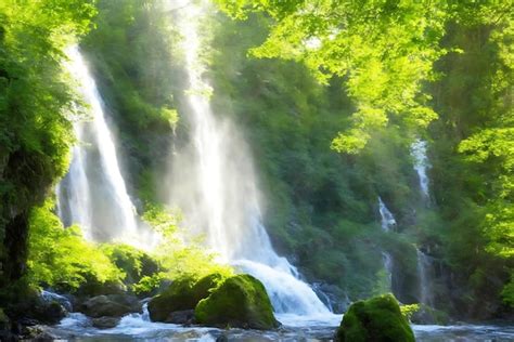 Premium Ai Image A Cascading Waterfall Is Hidden In A Dense Forest With Sunlight Filtering
