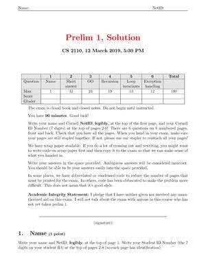 P1cs2110sp19b Past Prelim 1 Solutions From CS 2110 Taught By