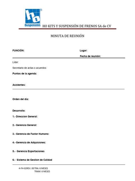 Minuta De Reunión Ho Kits Y Frenos Pdf Crecimiento Personal Y