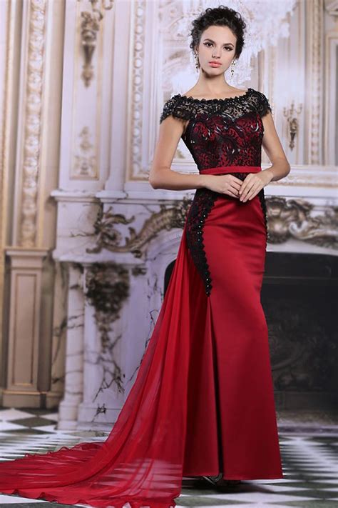 Schönes Etui Linie rotes langes Abendkleid aus Spitze XHD Persunshop de