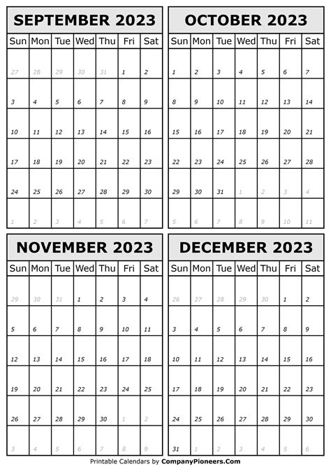 September To December 2023 Calendar Printable Template