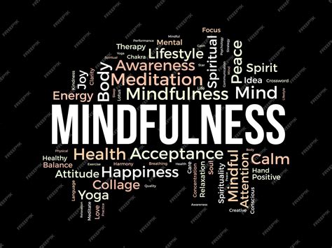 Mindfulness 영적 명상 의식 조화와 정신적 영혼 벡터 일러스트 레이 션의 평화 마음 행복에 대한 단어 구름 배경 개념