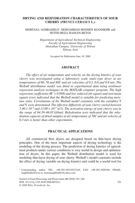 Pdf Drying And Rehydration Characteristics Of Sour Cherry Prunus
