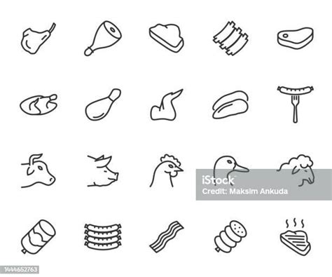 고기 라인 아이콘의 벡터 세트입니다 쇠고기 돼지 고기 닭고기 오리 양고기 베이컨 소시지 햄 갈비 스테이크 등의 아이콘이 들어