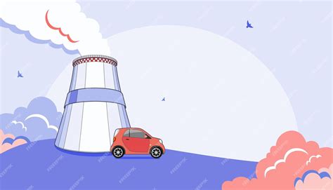 Co2 배출 오염 벡터 일러스트 레이 션 냉각탑 공장 안개 및 마이크로 자동차 벡터 산업 에너지입니다 흡연 냉각탑과 자동차 흡연 파이프 화력 발전소 배출 연기